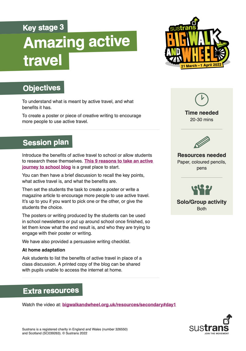 Secondary School Lesson Plans — Sustrans Big Walk and Wheel 2022